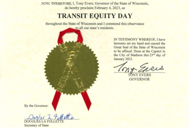 Transit equity day proclamation accepted! - 1000 Friends of Wisconsin